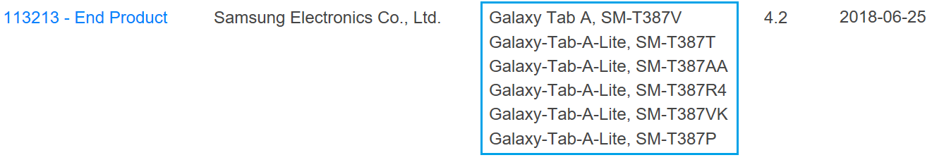 Samsung SM-T387 Named Samsung Galaxy Tab A Lite